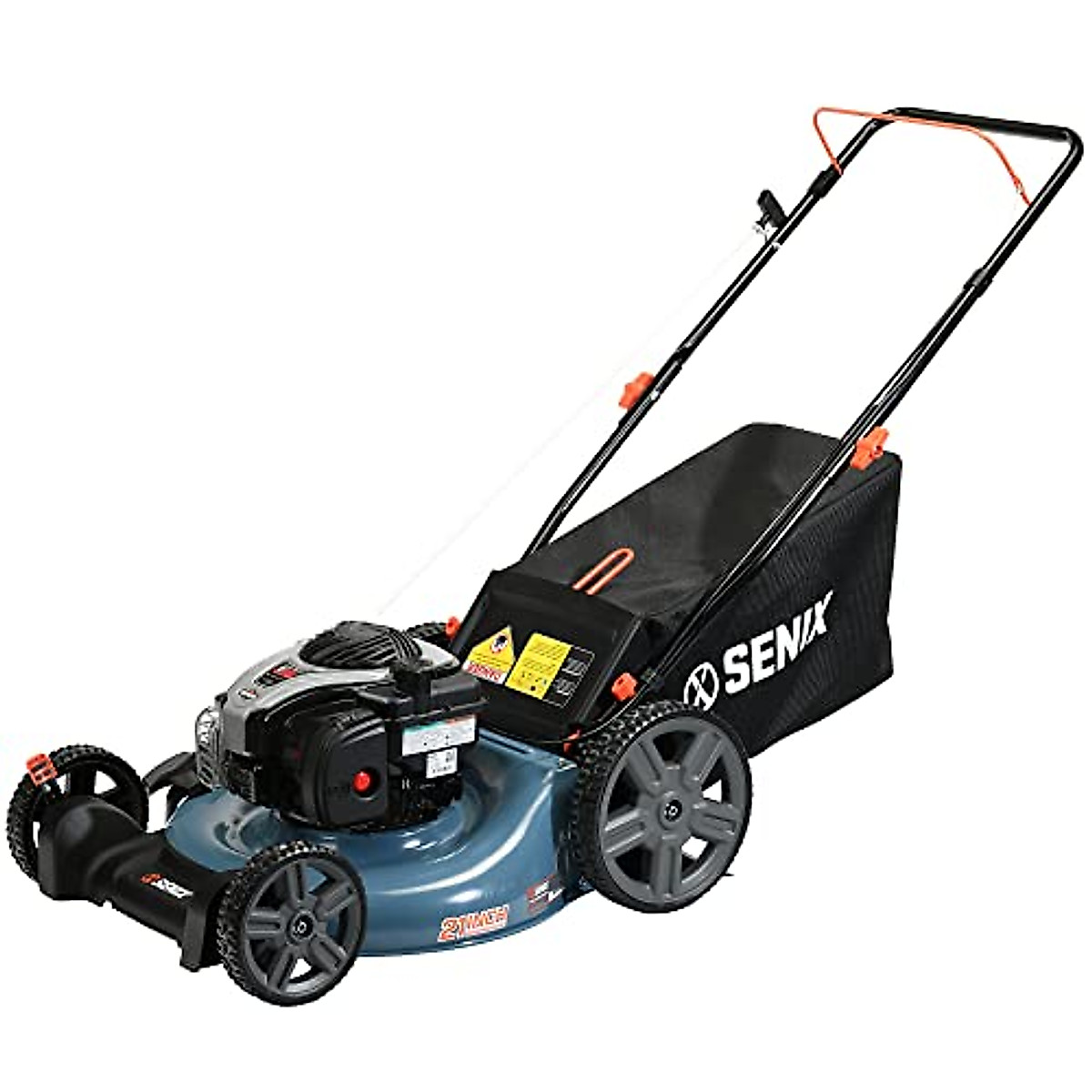 SENIX Gas Lawn Mower, 21-Inch, 140 cc 4-Cycle Briggs & Stratton Engine, 3-in-1 Push Lawnmower, 6-Position Height Adjustment with 11-Inch Rear Wheels, LSPG-M7, Blue