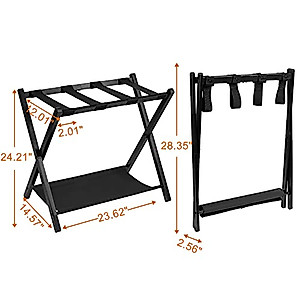 Heybly Luggage Rack Steel Folding Suitcase Stand with Storage Shelf for Guest Room Bedroom Hotel (Black, 2)