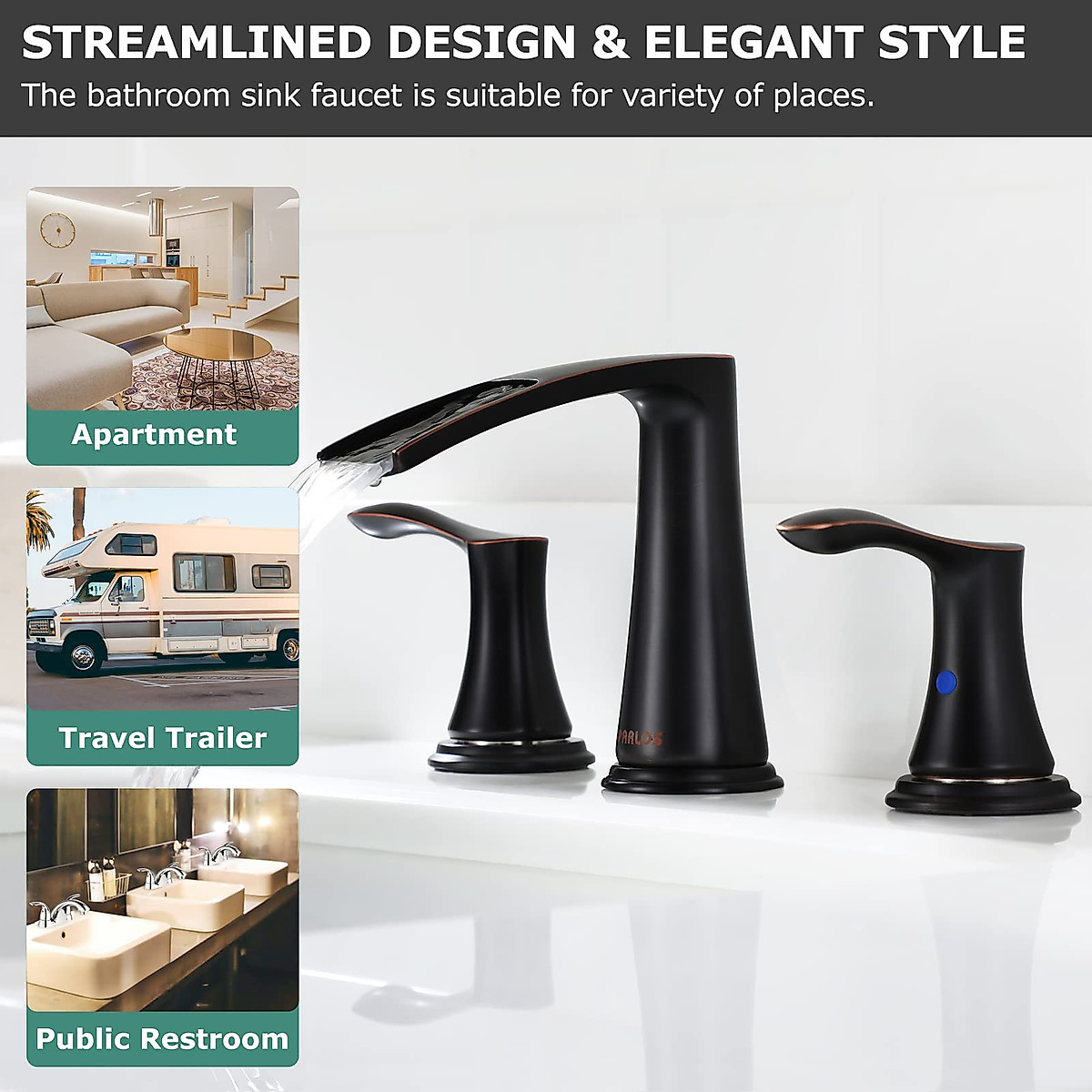 PARLOS Waterfall Widespread Bathroom Faucet Double Handles with Metal Pop Up Drain & cUPC Faucet Supply Lines, Oil Rubbed Bronze, Demeter 1431803