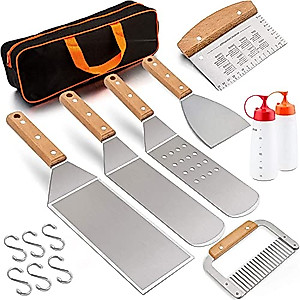 Leonyo Flat Top Grill Accessories, 9 Pcs Griddle Spatulas Heavy Duty Griddle Accessories with Metal Spatula, Hamburger Turner, Grill Scraper for Outdoor Kitchen BBQ Hibachi Camping