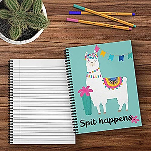 Softcover Spit Happens 8.5" x 11" Funny Llama Spiral Notebook/Journal, 120 Wide Ruled Pages, Durable Gloss Laminated Cover, Black Wire-o Spiral. Made in the USA