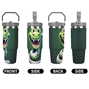 RTFGHJS Cartoon Snake Green 30 Oz Tumbler with Handle And Flip Straw, Stainless Steel Vacuum Insulated Travel Mug, Thermal Cup for Coffee, Water, Iced Drinks, Fits Car Cup Holders (Home, Sports)