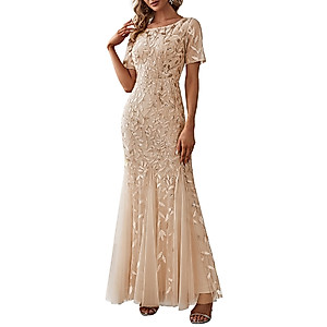 Ever-Pretty Women's Sexy Tulle Short Sleeve Sequins Summer Mermaid Prom DressGold US12