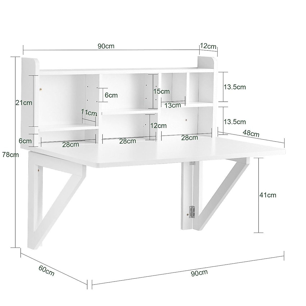 Haotian Wall Mounted Folding Table Drop-Leaf Floating Desk Trestle Desk Computer Table Writing Workstation with Storage Compartments, White, FWT07-II-W