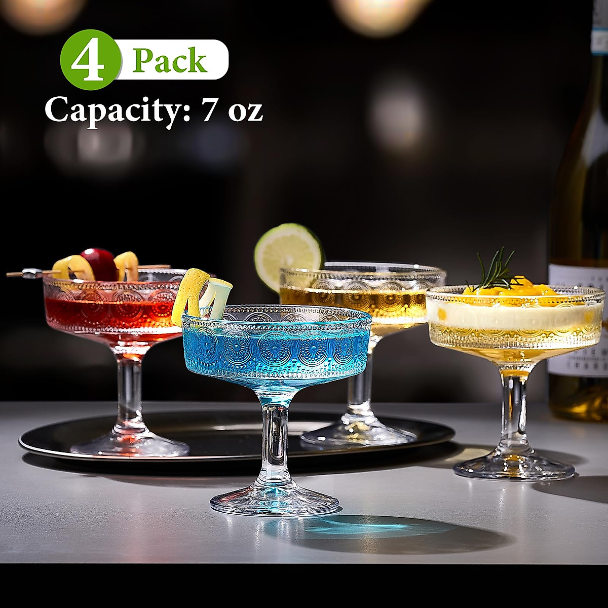 Mfacoy Vintage Coupe Glasses Set of 4, 7 oz Embossed Floral Martini Glasses, Unique Cocktail Galssware, Bar Drinking Glasses Set Pefect for Champagne, Cocktail, Martini, Wine & Gift