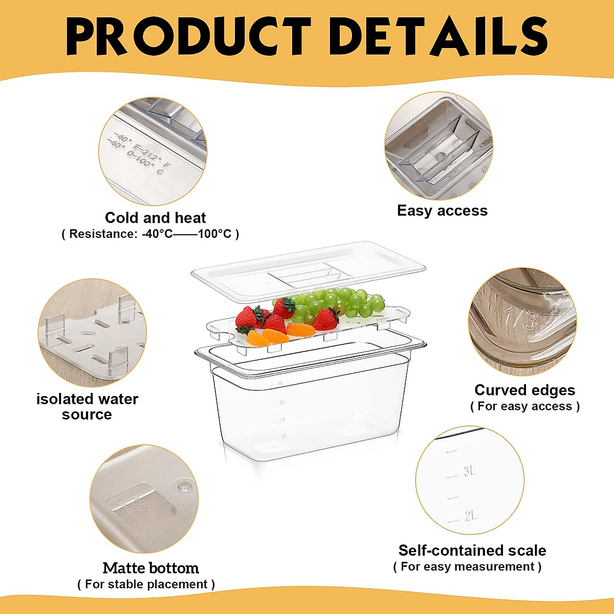 Sunnyray 6 Set 1/3 Size Polycarbonate Food Pans with Lids and Drain Shelf Clear Square Food Storage Containers for Kitchen Restaurant Fruit Vegetable Food Container and Storage (6 Inch Deep)