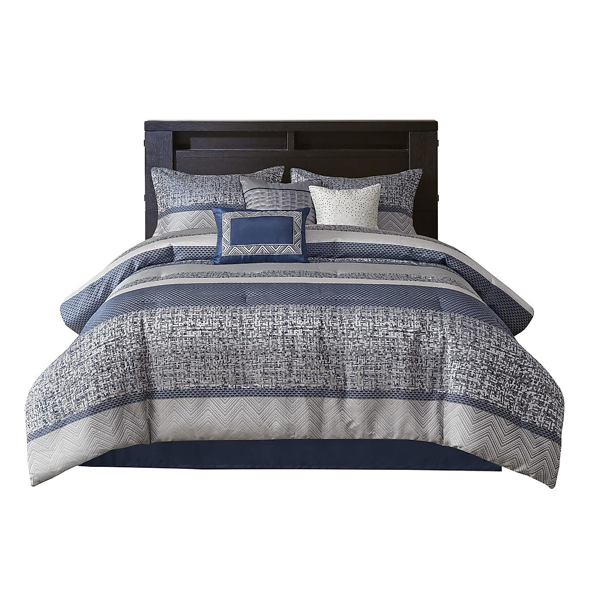 Madison Park Luxury Comforter Set-Traditional Jacquard Design All Season Down Alternative Bedding, Matching Bedskirt, Decorative Pillows, Queen(90"x90"), Rhapsody, Geometric Navy 7 Piece