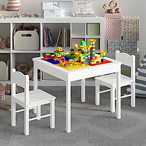 4NM 3 in 1 Kids Table Set for 2, Children Table and Chairs, Toddler Play Activity Table with Hidden Storage Wood Building Block Table Desk for Ages 3-7- Color White
