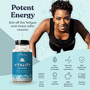 Eu Natural Vitality Adrenal Support, Cortisol Manager, Fatigue Fighter – Healthy Cortisol, Focused Energy – Ashwagandha, Magnesium, L-Tyrosine – 60 Vegetarian Soft Capsules