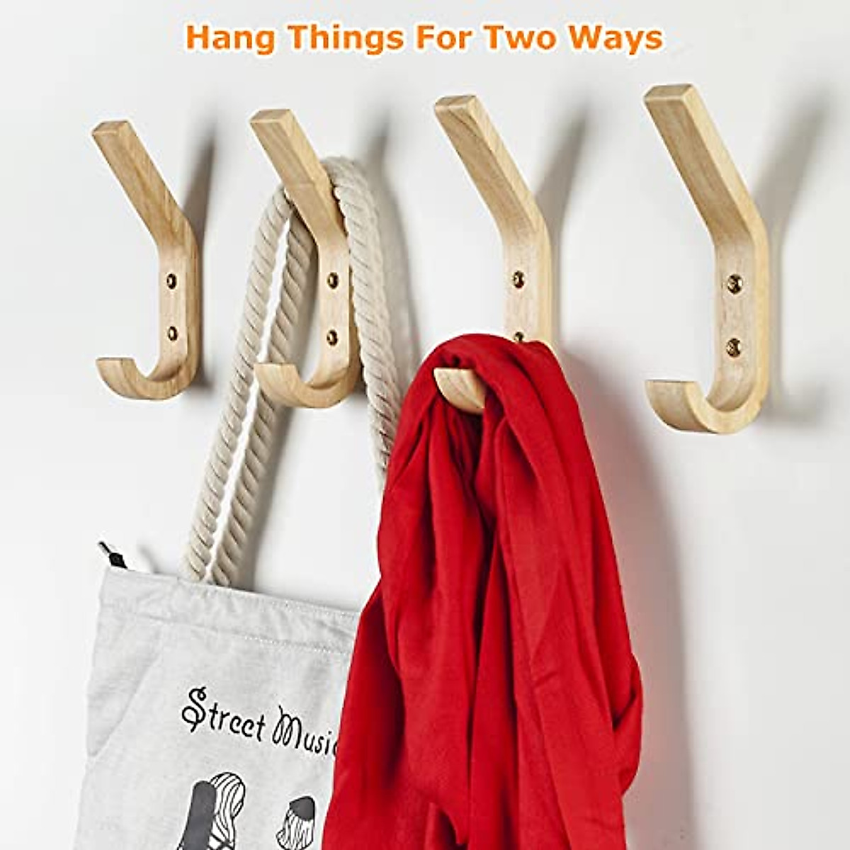 LOEQIAN 8 Pack Wooden Hooks for Hanging Coats, Natural Wood Coat Hooks Wall Mounted, Heavy Duty Wooden Towel Hooks, Single Hook Hat Rack for Clothes Hat Hanger Towel Rack Key Bag