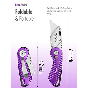 FantastiCAR Folding Utility Knife, Sturdy Metal Box Cutter with Extra 5 Blades, Quick Blade Change, and Preminium Gift Packaging, for Cardboard Opener, Paper Cutter (Retro Purple)