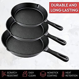 Pre-Seasoned Cast Iron Skillet 3-Piece Set - Best Heavy-Duty Professional Restaurant Chef Quality Pan Cookware Set - 10", 8", 6" - Great For Frying, Saute, Cooking, Pizza etc, Black