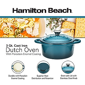 Hamilton Beach Enameled Cast Iron Dutch Oven Navy (3-Quart) | Cream Enamel Coating Dutch Oven Pot with Lid | Cast Iron Dutch Oven with Even Heat Distribution | Easy Grip to Handles & Multipurpose