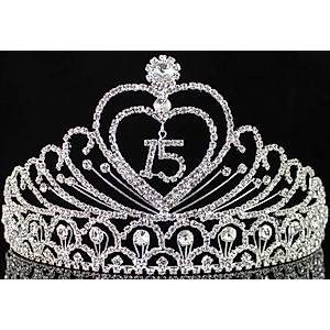 Janefashions Quinceanera Sweet 15 Fifteen 15th Birthday Party coronas de quinceañeras Clear White Austrian Rhinestone Tiara Crown with Hair Combs Princess Gold Silver T1756 (Silver With Combs)