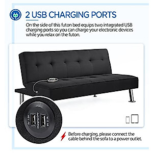 Yaheetech Modern Convertible Futon Sofa Bed w/ 2 Integrated USB Charging Ports Fabric Loveseat Couch Metal Legs, 3 Angles Adjustable Back for Compact Living Space, Apartment, Dorm, Bonus Room Black