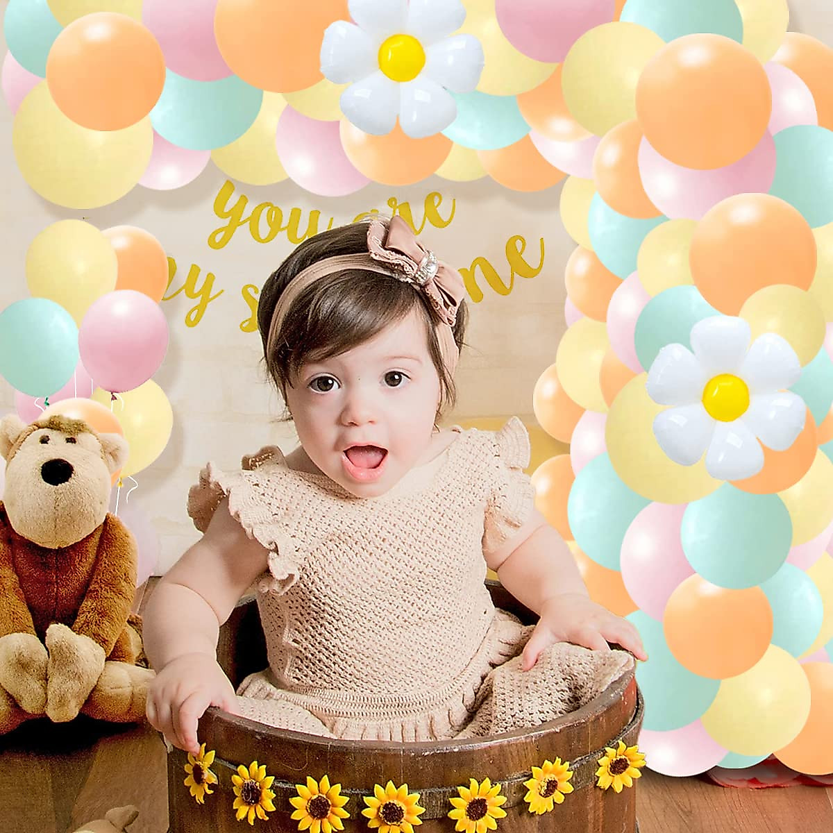 Pink，Yellow, Green, Orange Balloons Garland 12inch 10inch 5inch Pastel Balloons with Daisy Foil Balloons for Sunflower Daisy Birthday Wedding Bridal Shower Baby Shower Bachelorette Party