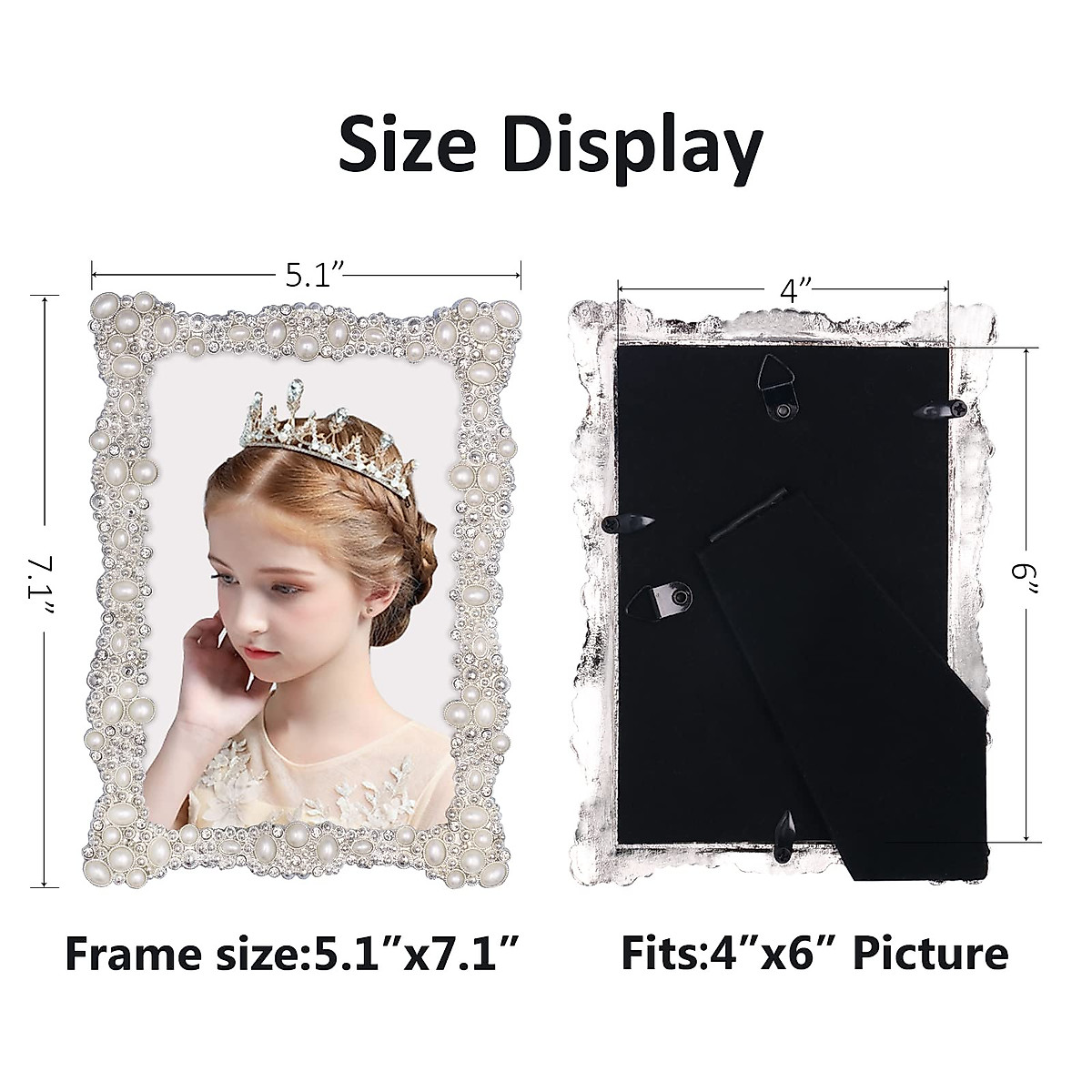 4x6 Pearl Picture Frame with Crystal for Wedding, Silver Plated with High Definition Glass Photo Frames with Rhinestones Horizontal and Vertical Decor Tabletop Display (Real Glass)