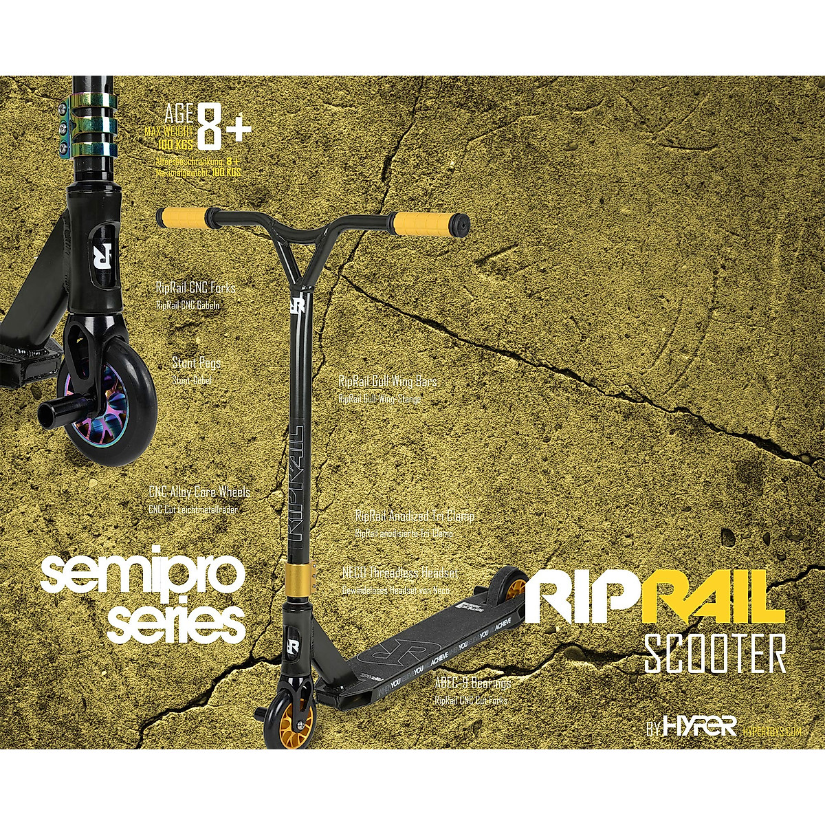 Riprail Adult Kick Scooter, Lightweight Alloy Frame with 110mm PU Tire, ABEC-9 Bearings, Removable Stunt Pegs