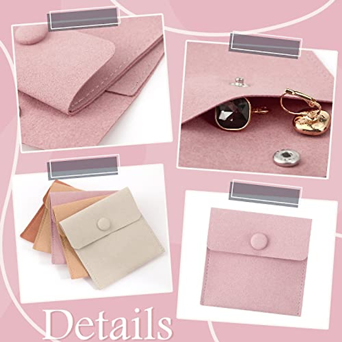 Microfiber Jewelry Pouch 8x8cm, Jewelry Packaging Bag Luxury Small Jewelry Gift Bags Package Snap Button with Divider Microfiber Bag for Bracelet Necklace Packaging (Pink, Beige, Khaki, Brown, 40 Pcs)