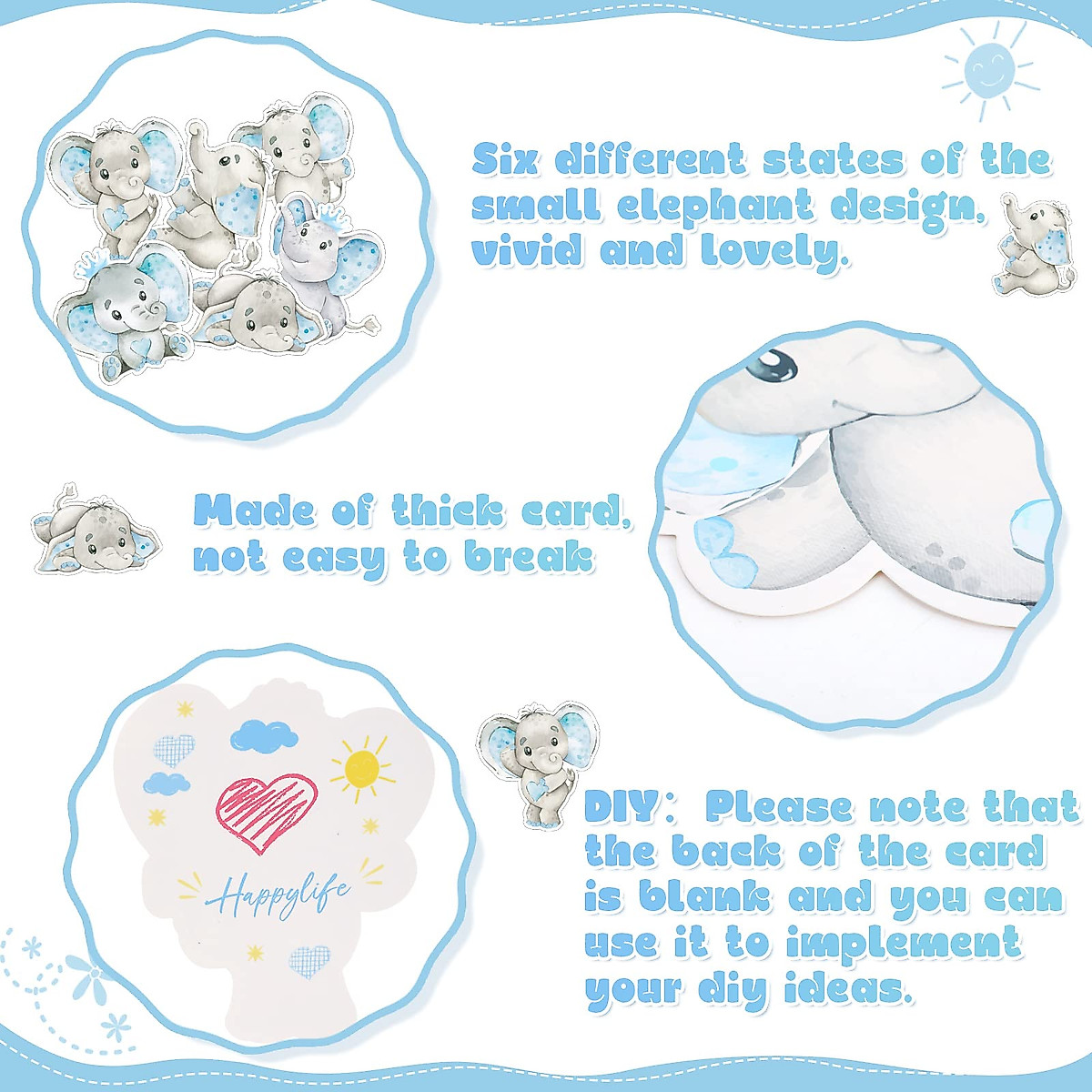 Tatuo Elephant Cutouts 36 Pcs Elephant Theme Baby Shower Decorations Cute Blue Elephant Cutouts for Baby Shower, Birthday Party, Gender Reveal Party Supplies