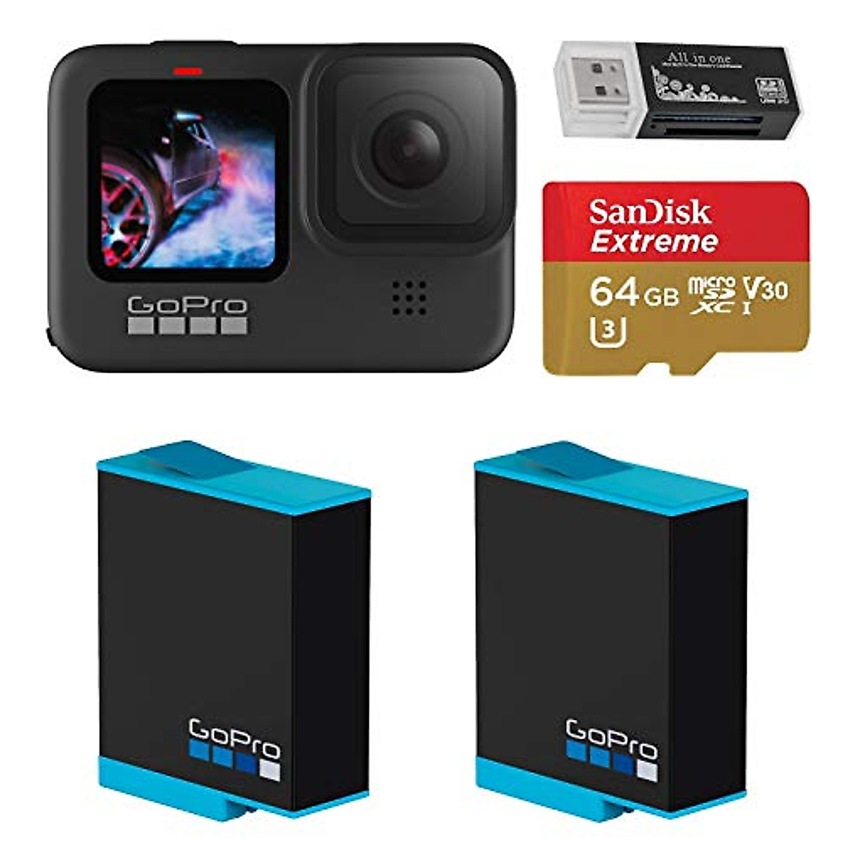 GoPro HERO9 Black, Waterproof Sport and Action Camera, 5K/4K Video, Bundle with 2 Extra Battery, 64GB microSD Card, Card Reader