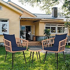 Koruiten 3-Piece Patio Bistro Sets, Outdoor Wicker Dining Conversation Furniture Sets with Cushions, Tempered Glass Side Table and 2 Patio Porch Chairs for Balcony, Backyard (Dark Blue)