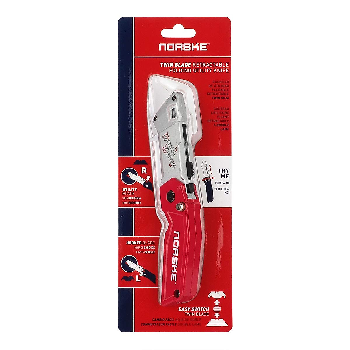 Norske Tools NMCP050 Utility Knife, Twin Blade Retractable Folding Utility Knife with Utility Blade and Hooked Blade Patented