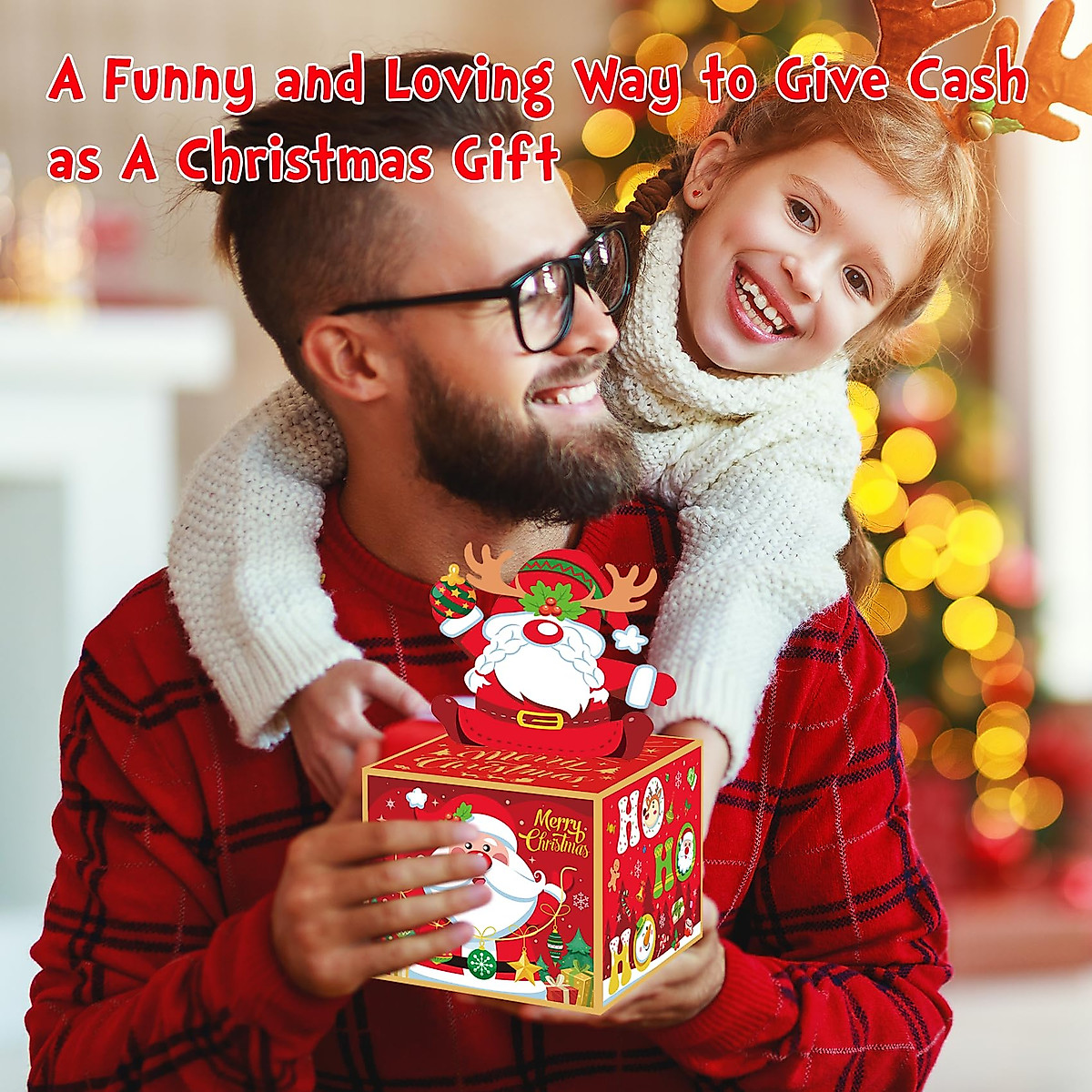 Meiidoshine Christmas Money Box for Gift Pull, Surprise Money Holder for Kids Adults, DIY Fun Holiday Cash Box for Women Men Girls Boys Mom Dad Friends, Include 100Pcs Transparent Bags