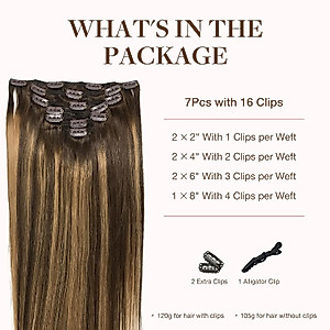 GOO GOO Clip in Hair Extensions Real Human Hair, Remy Human Hair Extensions Clip ins for Women, Natural Human Hair, 16inch 120g 7Pcs, 4/27/4 Balayage Chocolate Brown to Caramel Blonde