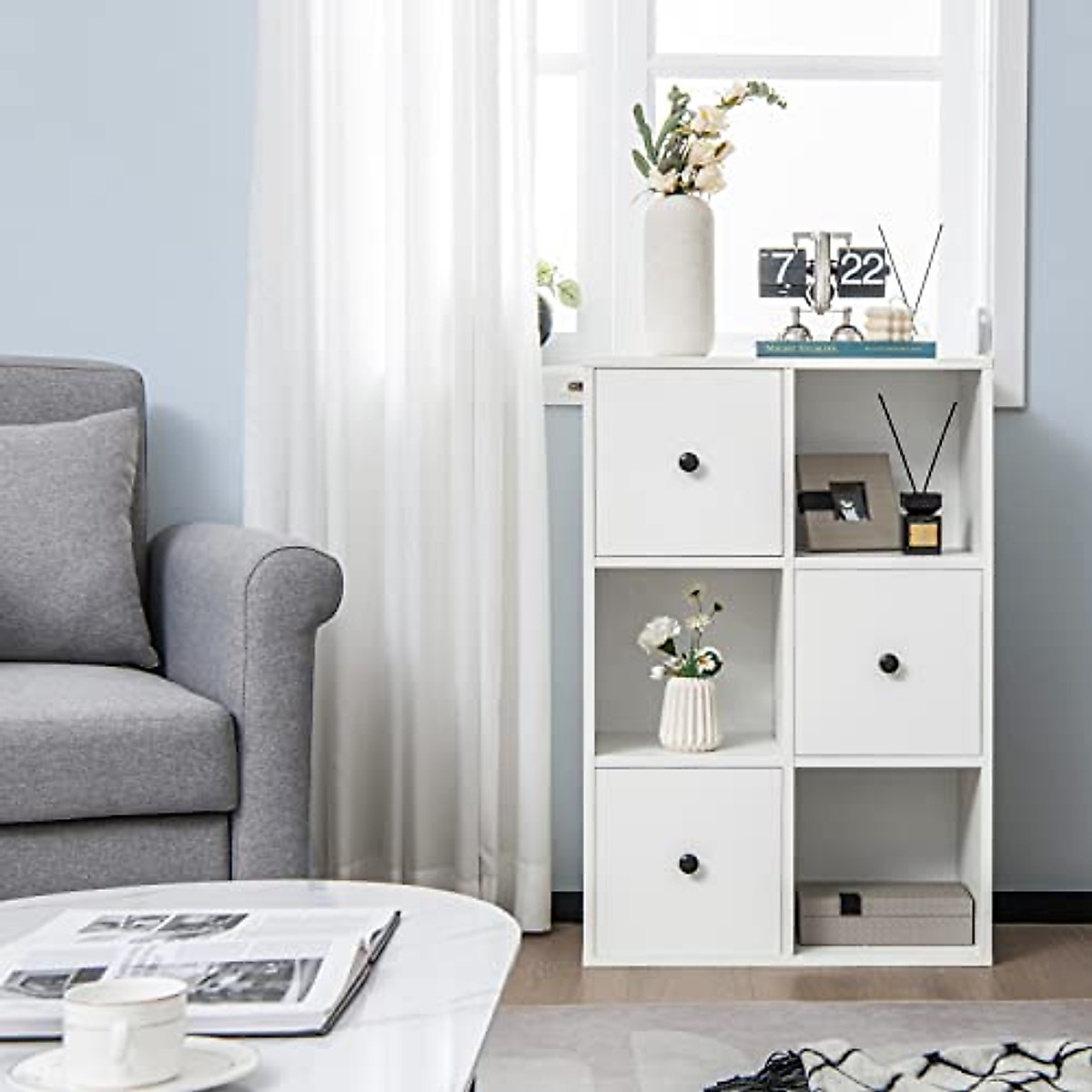 IFANNY 6 Cube Bookcase, 3 Tier Bookshelf with Drawers, Wood Storage Shelves, Modern Display Shelf, Cubical Book Cases, Small Book Shelf for Bedroom, Living Room, Home Office (White)