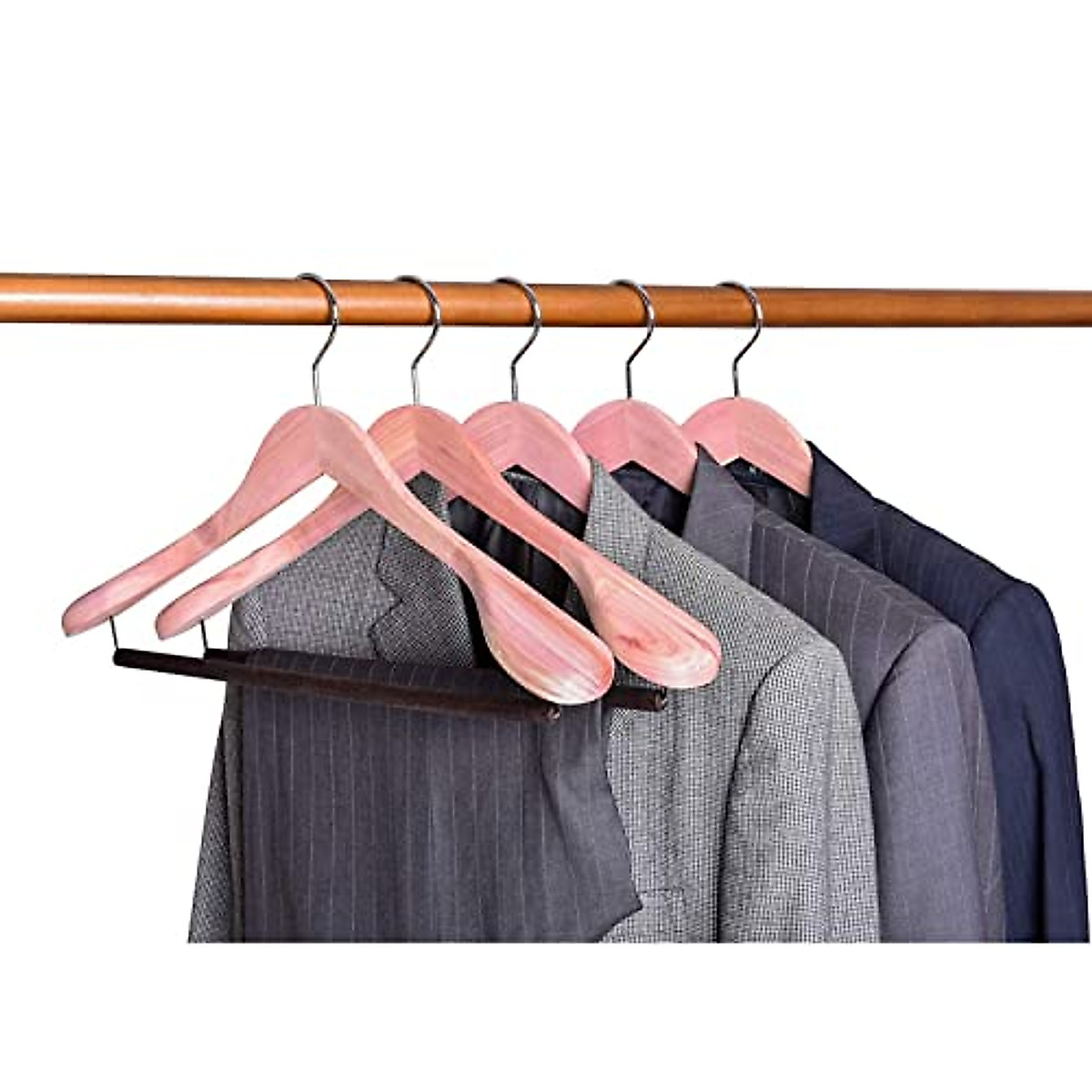 Amber Home 5 Pack American Red Cedar Wood Coat, Suit Hangers with Extra Wide Shoulder, Wooden Jacket Clothes Hanger Smooth Deluxe Aromatic Natural Cedar with Non Slip Velvet Pant Bar