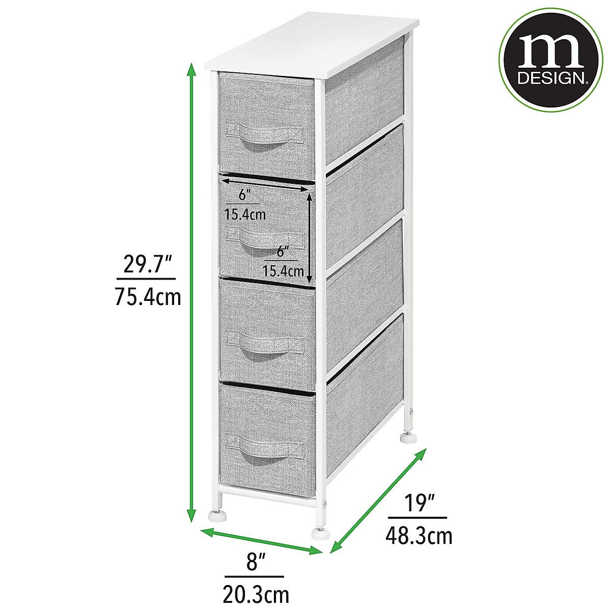 mDesign Narrow Dresser Storage Tower Stand with 4 Removable Fabric Drawers - Steel Frame, Wood Top Organizer for Bedroom, Entryway, Closet - Lido Collection - Gray