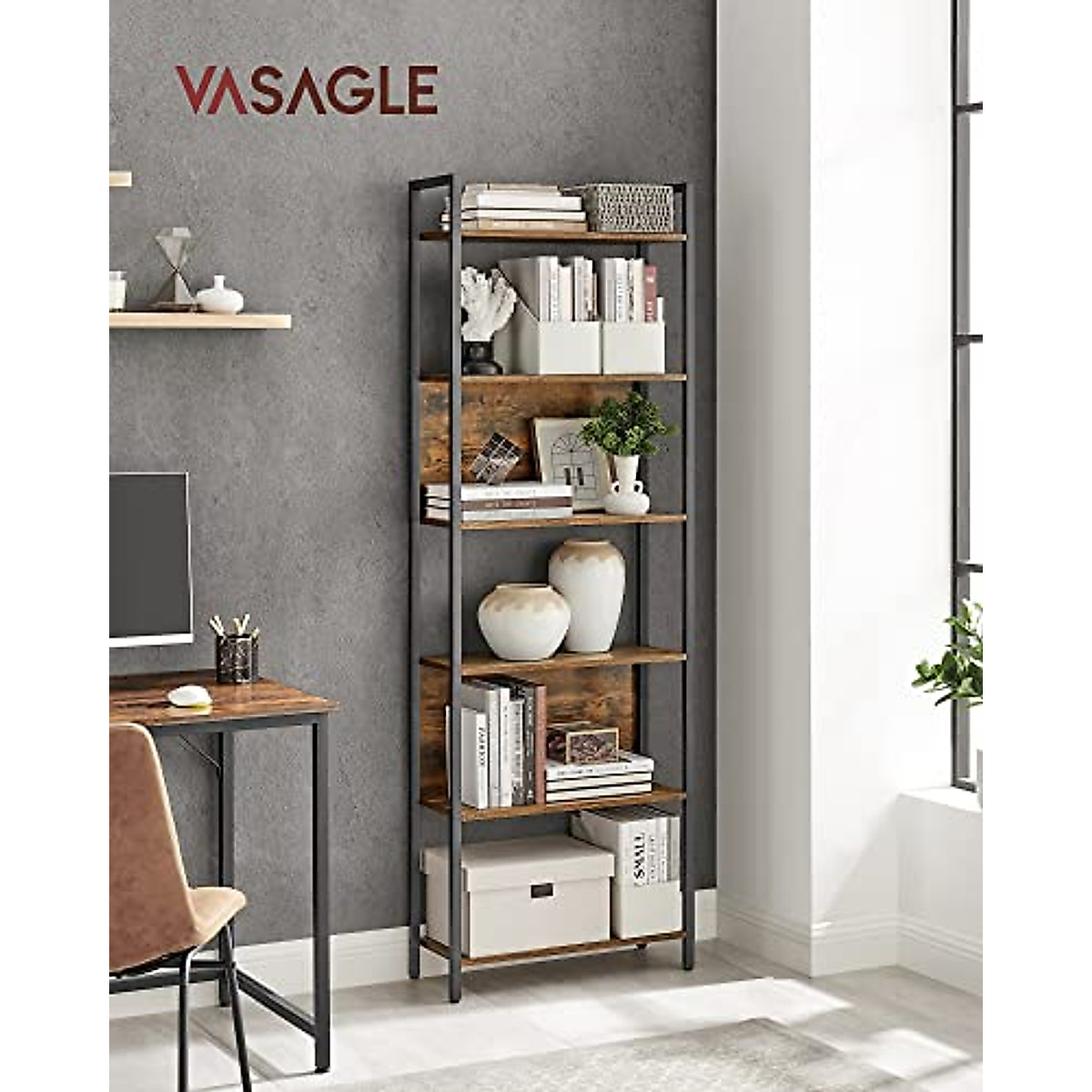 VASAGLE ALINRU 6-Tier Bookshelf, Tall Storage Shelves, Shelving Unit with Steel Frame, for Living Room, Entryway, Hallway, Office, Industrial Style, Rustic Brown and Black ULLS113B01