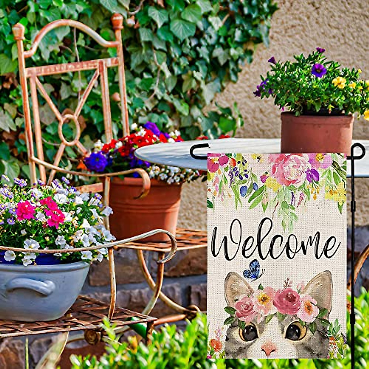 Cat Garden Flag Welcome 12 x 18 inch Flower Butterfly Yard Outdoor Decoration Burlap Spring Garden Flag DF032