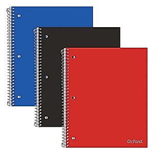 Oxford Spiral Notebooks, 1 Subject, College Ruled Paper, Durable Plastic Cover, 100 Sheets, Divider Pocket, 3 per Pack (10390), Red, Black and Blue