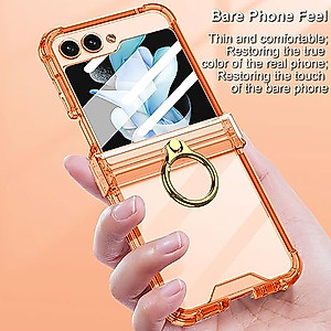 Jusy for Samsung Galaxy Z Flip 5 Case Ring, with Hinge Protection, Built-in Back Screen Protector & Ring Kickstand, Clear Elegant Shockproof Cover for Woman Girl, Orange