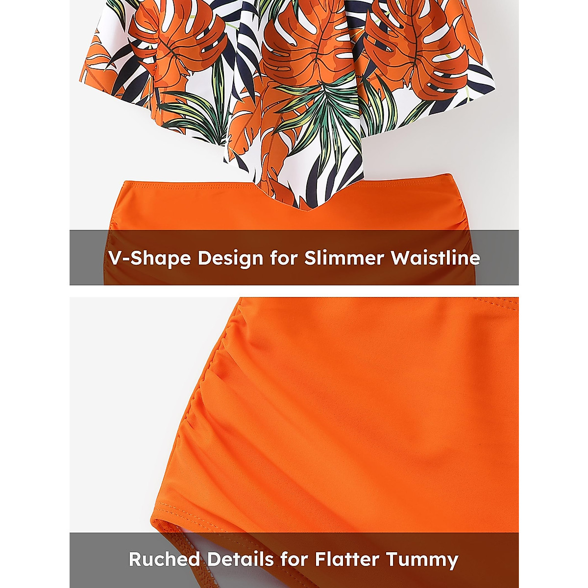 PATPAT Matching Family Swimsuits Two Piece Mother Daughter Matching Swimsuits Hawaiian Tropical Orange Palm Leaf Print Beach Vacation Matching Bathing Suits for Couples Ruffle Bikini for Women L