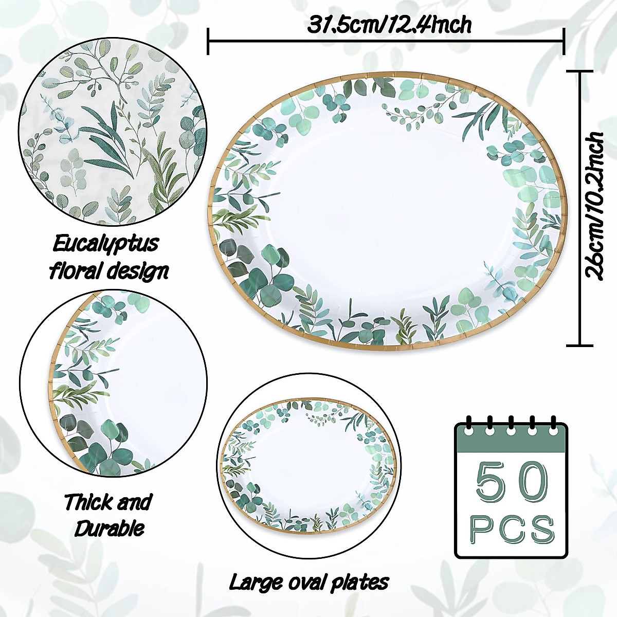 TWOWYHI 50PCS Eucalyptus Sage Green Paper Plates 10" X 12" Oval Plates Disposable Large Party Plates Green Floral Paper Plates Dinner Plates for Wedding Bridal Shower Tableware Decor