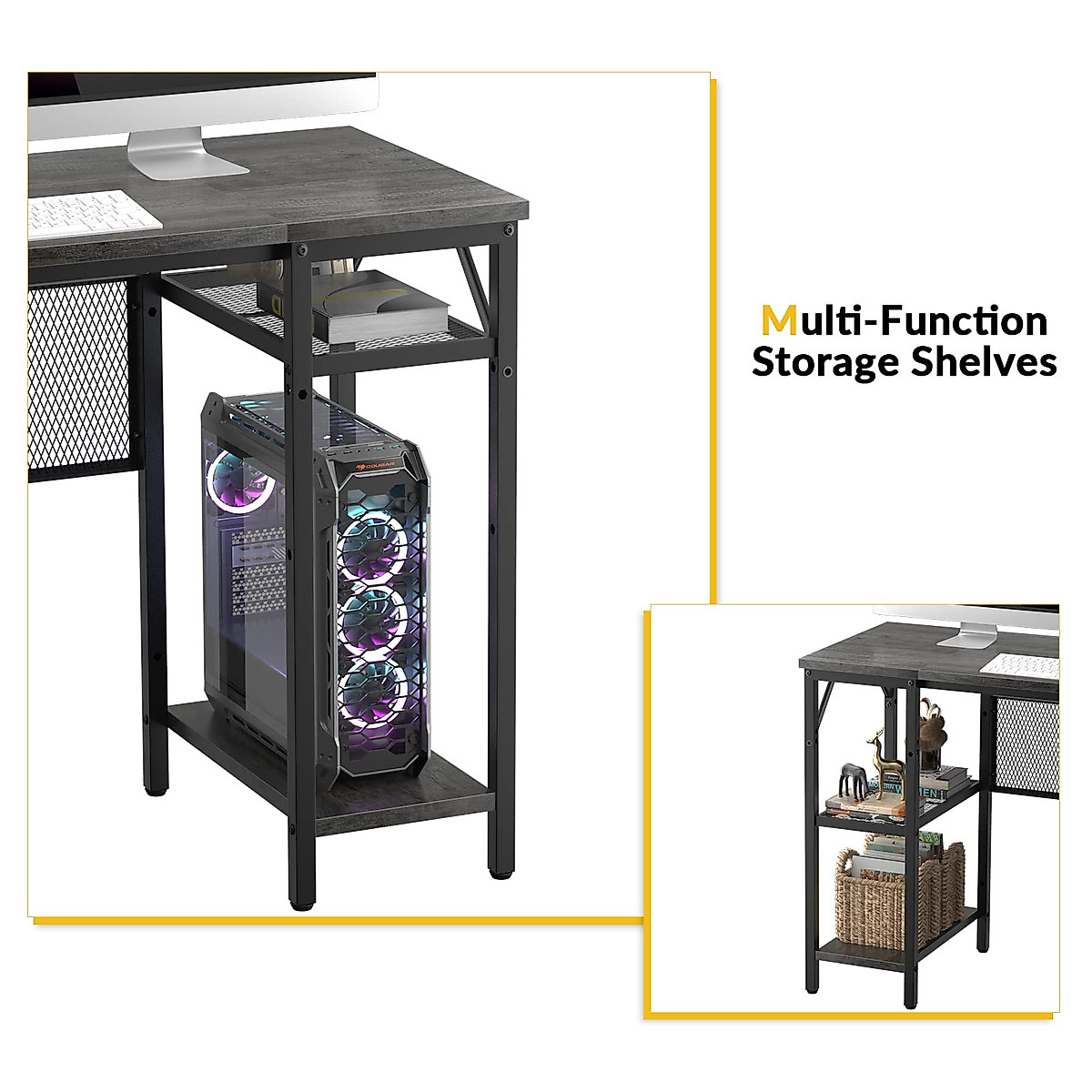 Unikito L Shaped Corner Computer Desk with USB Charging Port and Power Outlet, Storage Shelves, Reversible, Industrial 2 Person Gaming Table Modern Home Office Desks, White Oak