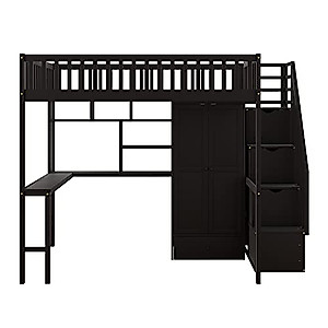 Merax Full Size Loft Beds Stairway Loft Bed Frame with Wardrobe, Desk, Bookcase and Drawers, Espresso