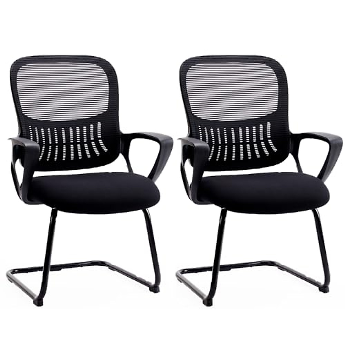 SMUG Desk Chair No Wheels Set of 2, Mid Back Computer Chair Ergonomic Mesh Office Chair with Larger Seat, Executive Sled-Base Task Chair with Lumbar Support and Armrests for Women Adults, Black