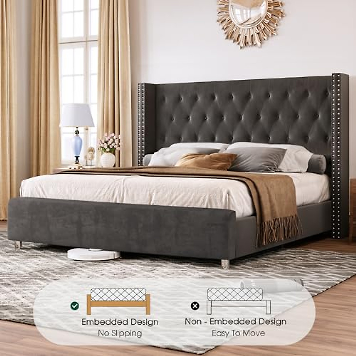 PaPaJet Upholstered Queen Bed Frame with Tall Headboard, Wingback Platform Bed, Velvet Tufted Button, No Box Spring Needed, Easy Assembly, Grey
