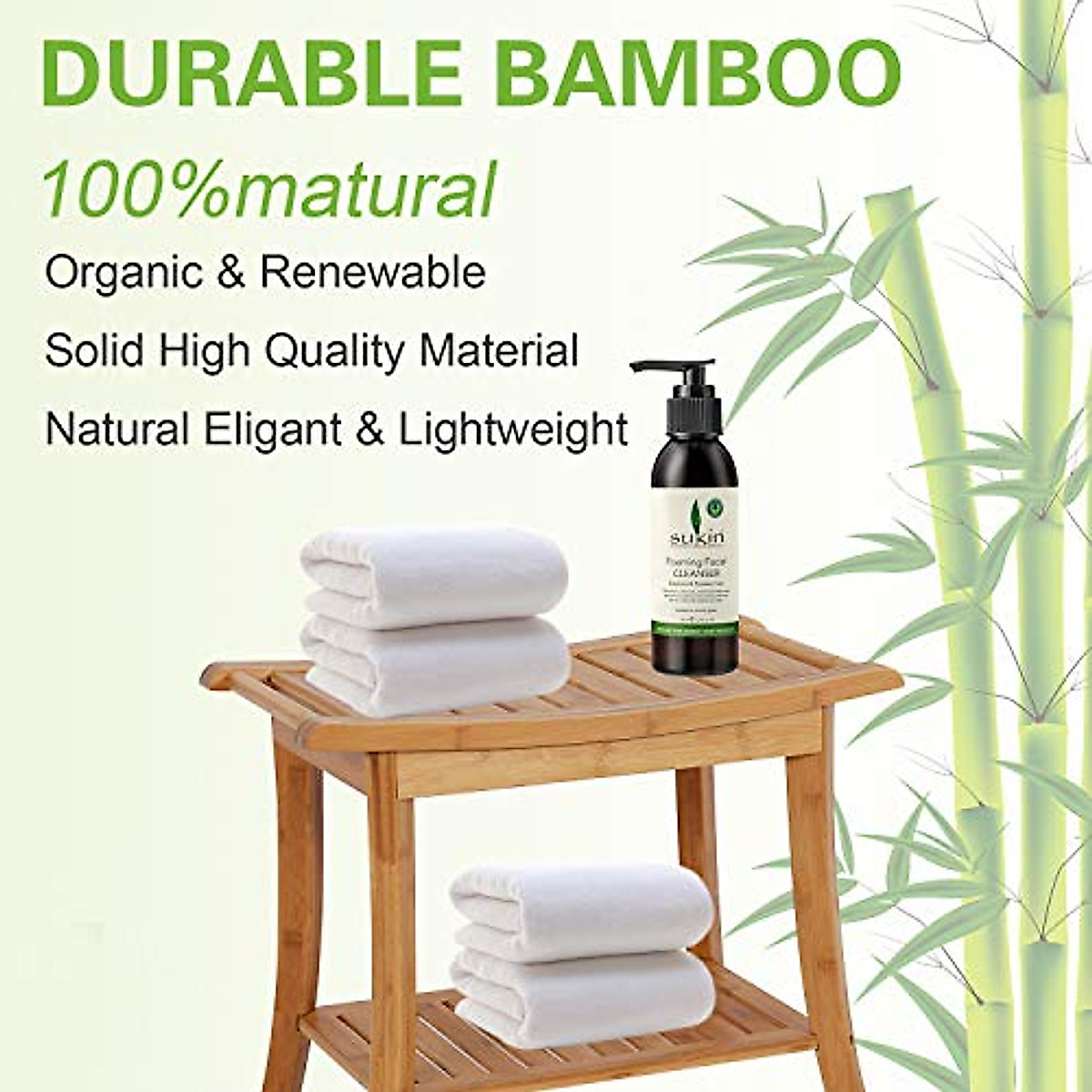 Kinlife Bamboo Shower Bench Bathroom Seat with Storage Shelf Wood Spa Bath Organizer Stool for Indoor