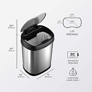 NINESTARS CB-DZT-50-13/12-13 Automatic Touchless Infrared Motion Sensor Trash Can Combo Set, 13 Gal 50L & 3 Gal 12L, Stainless Steel Base (Oval, Silver/Black Lid)