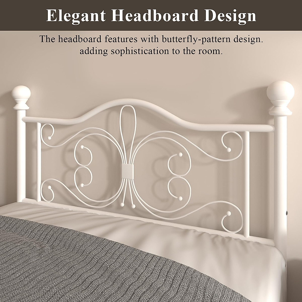 LoVinson Full Size Bed Frame，Metal Platform Bed Frame with Headboard, Butterfly Pattern Design Headboard & Footboard, Strong Metal Slat Support, Easy Assemble, No Box Spring Needed, Noise Free, White
