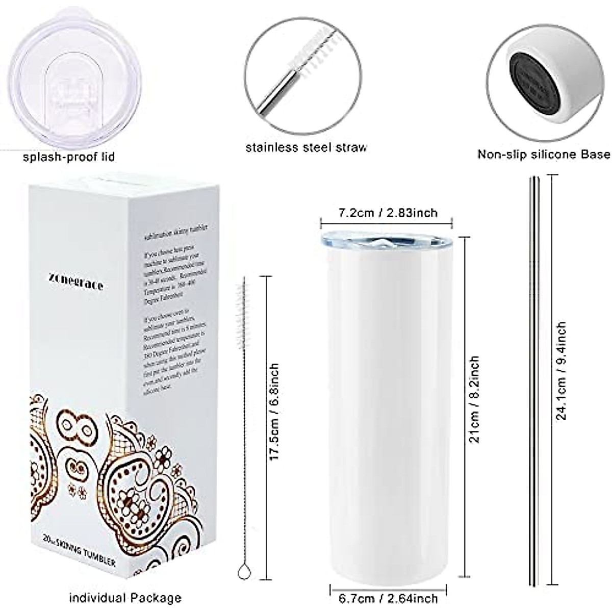 ZONEGRACE 4 pack Sublimation Tumblers 20 oz Skinny,Double wall stainless Steel slim Insulated Tumbler With Lid, sublimation tumbler cups blank white with silicone bottom