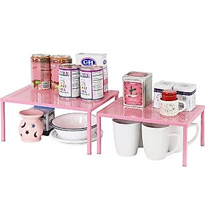 Simple Houseware Expandable Stackable Kitchen Counter Shelf Organizer, Pink, Metal Top, 11.25 in L x 7.9 in W x 5.4 in H