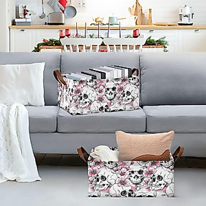 SLHKPNS Collapsible Storage Bins with Handles Pink Skull Storage Baskets for Shelves and Closet with Metal Frame Organizer Bins for Clothing,1PC,16.9"x11.4"x7.7", Spring Flowers