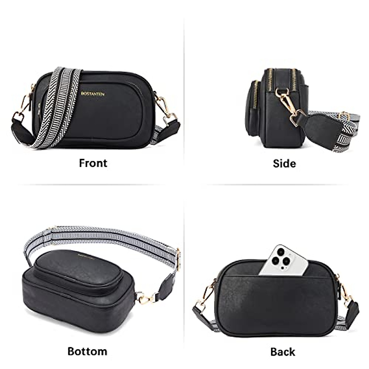 BOSTANTEN Crossbody Bags for Women Leather Cell Phone Purse Shoulder Handbags with Wide Strap Black