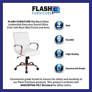 Flash Furniture Whitney Mid-Back Desk Chair - White LeatherSoft Executive Swivel Office Chair with Rose Gold Frame - Swivel Arm Chair
